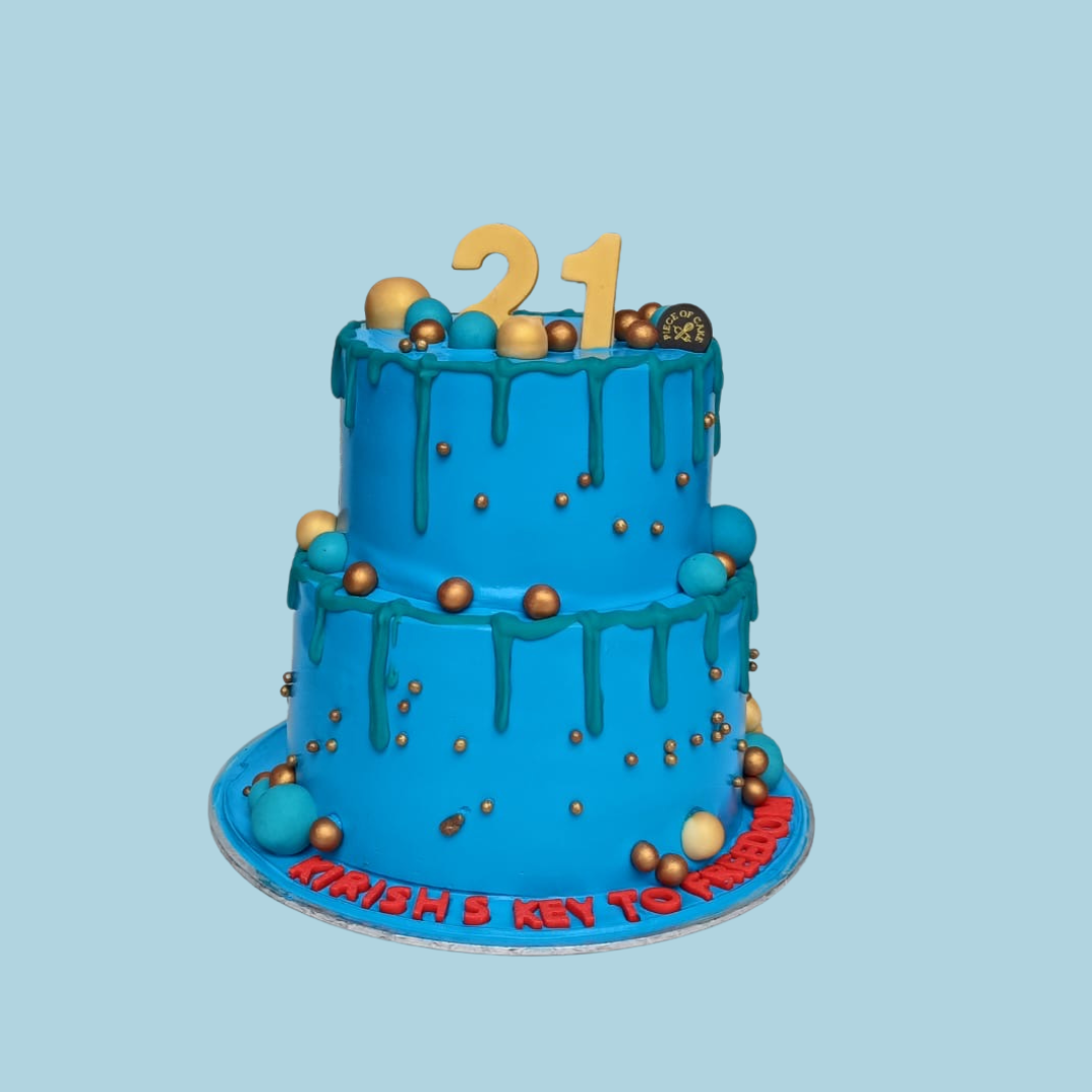 Halal-Certified Two-Tier Classic Blue x Gold Cake - Piece Of Cake